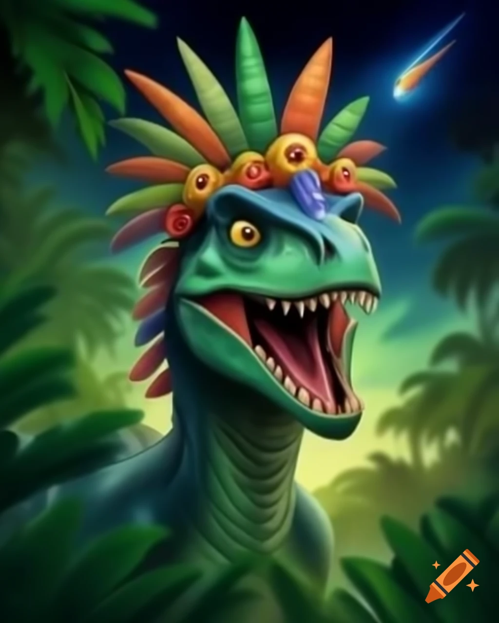 Tyrannosaurus rex with Mayan headband observing a falling meteor in ...