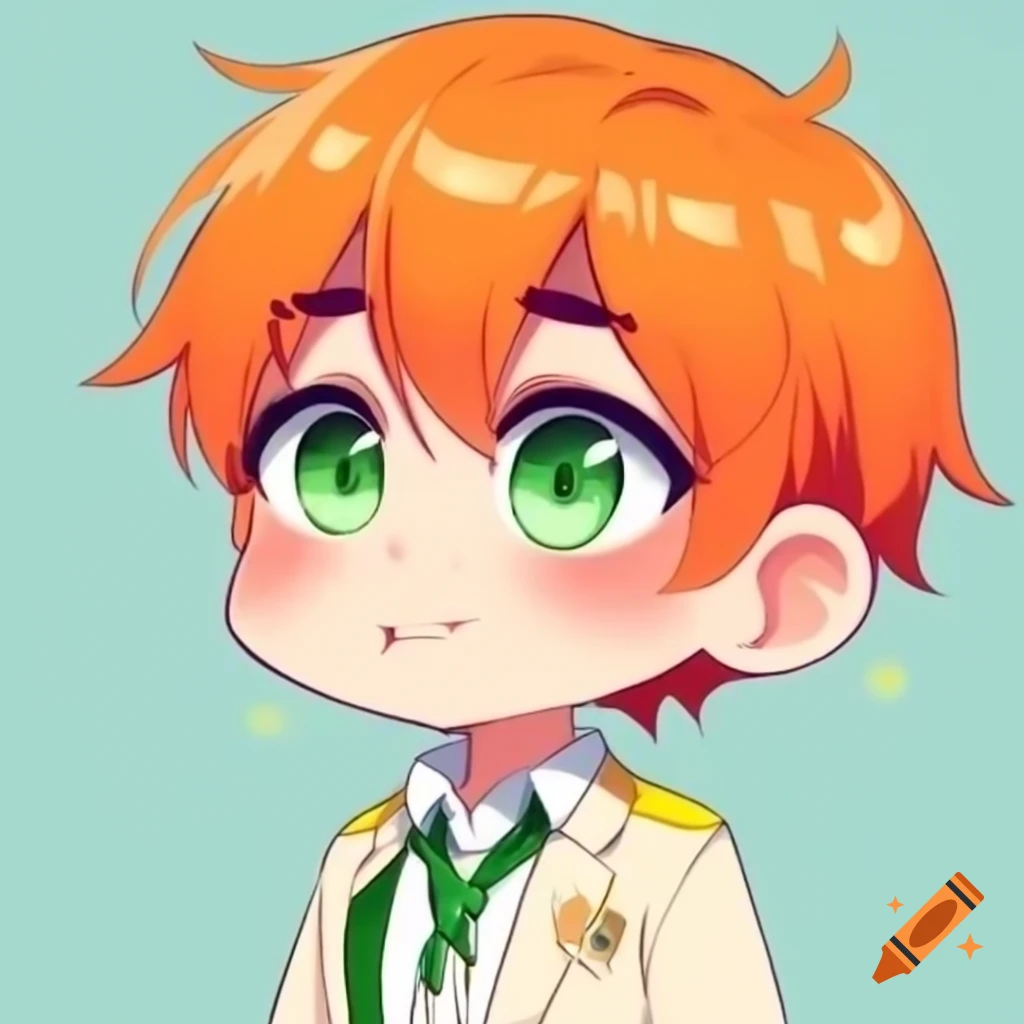 Chibi-style character with orange hair and green eyes in cream blazer ...