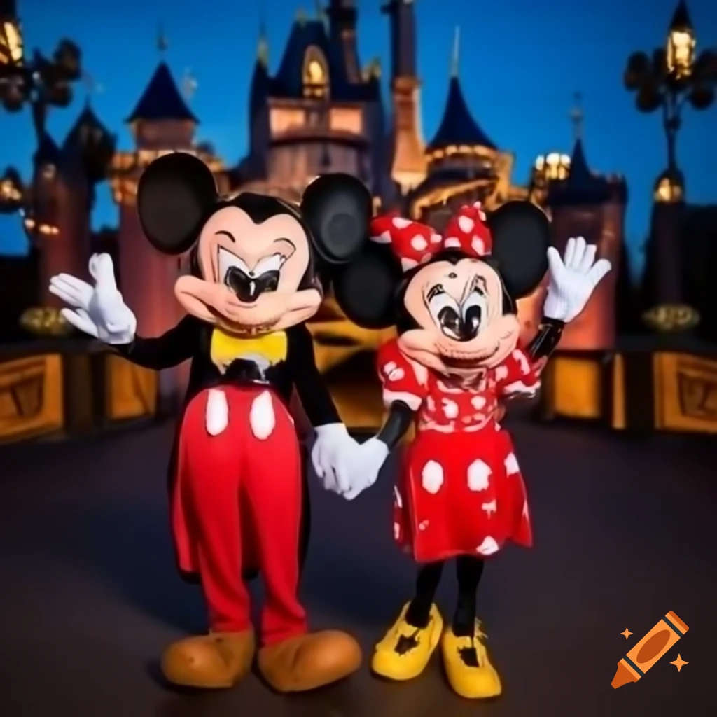 Mickey Mouse and Minnie Mouse waving joyfully in Magic Kingdom on Craiyon