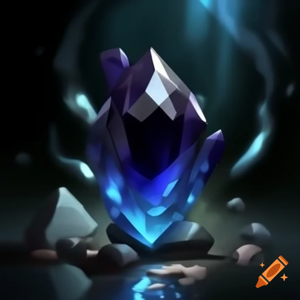 Magical glowing black obsidian gemstone surrounded by rocky ore on Craiyon