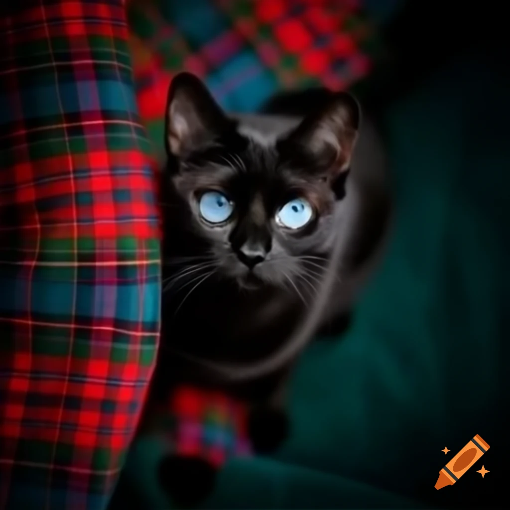 Black cat with blue eyes in tartan dancing with scottish saltire on Craiyon