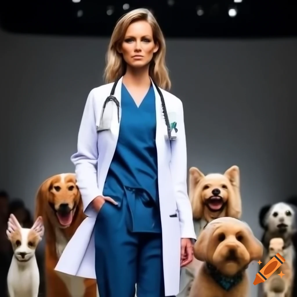Fashion runway featuring female veterinarian with cats and dogs on Craiyon