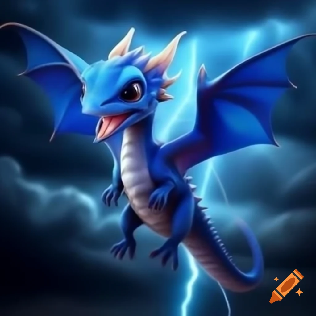 Baby blue dragon flying amidst storm lightning on Craiyon