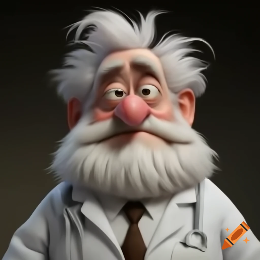 Eccentric old scientist with white hair and beard, round brown eyes ...