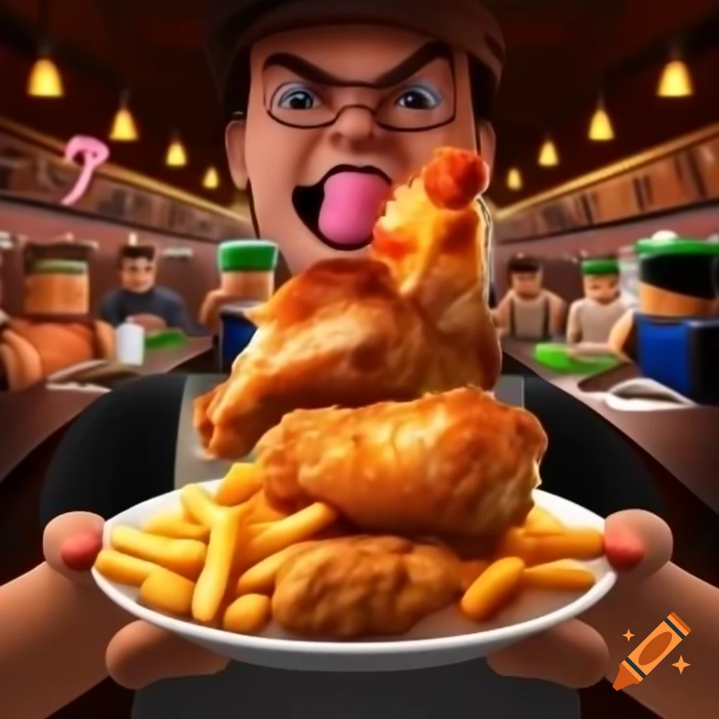 Vibrant Roblox thumbnail of busy chicken restaurant with fried chicken and fries on Craiyon