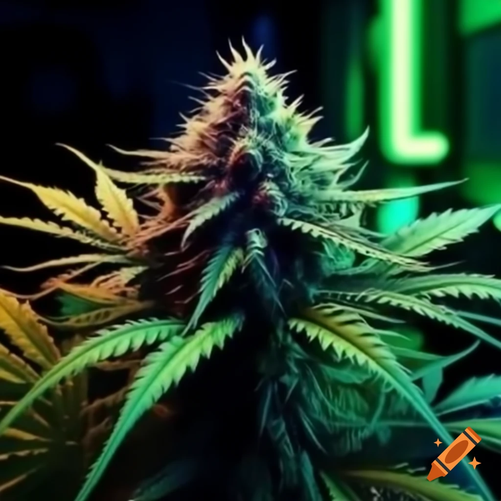 Vibrant cannabis flower illuminated with green neon lights on Craiyon