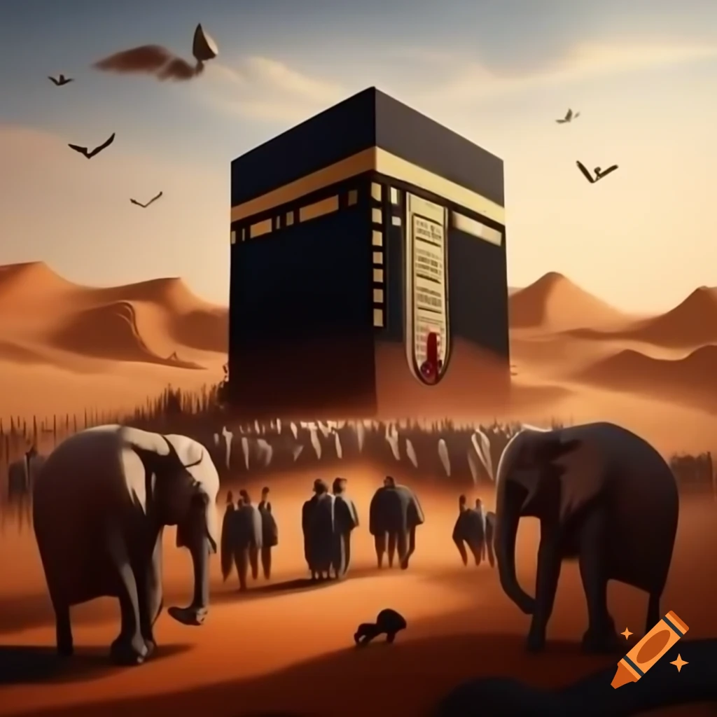 Army on elephants marching towards Kaaba in ancient Arabian desert on ...