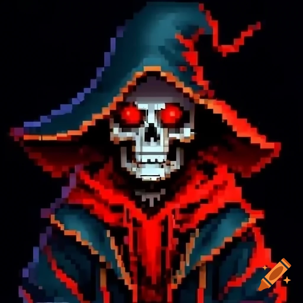 Pixel art of dark wizard skull wearing red on Craiyon