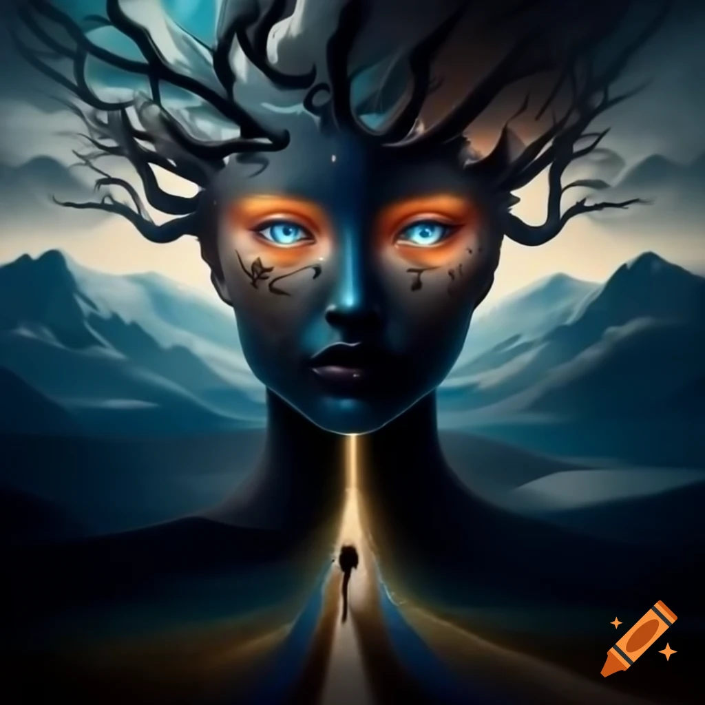 Artistic blend of human face and surreal landscape with dark skin and ...