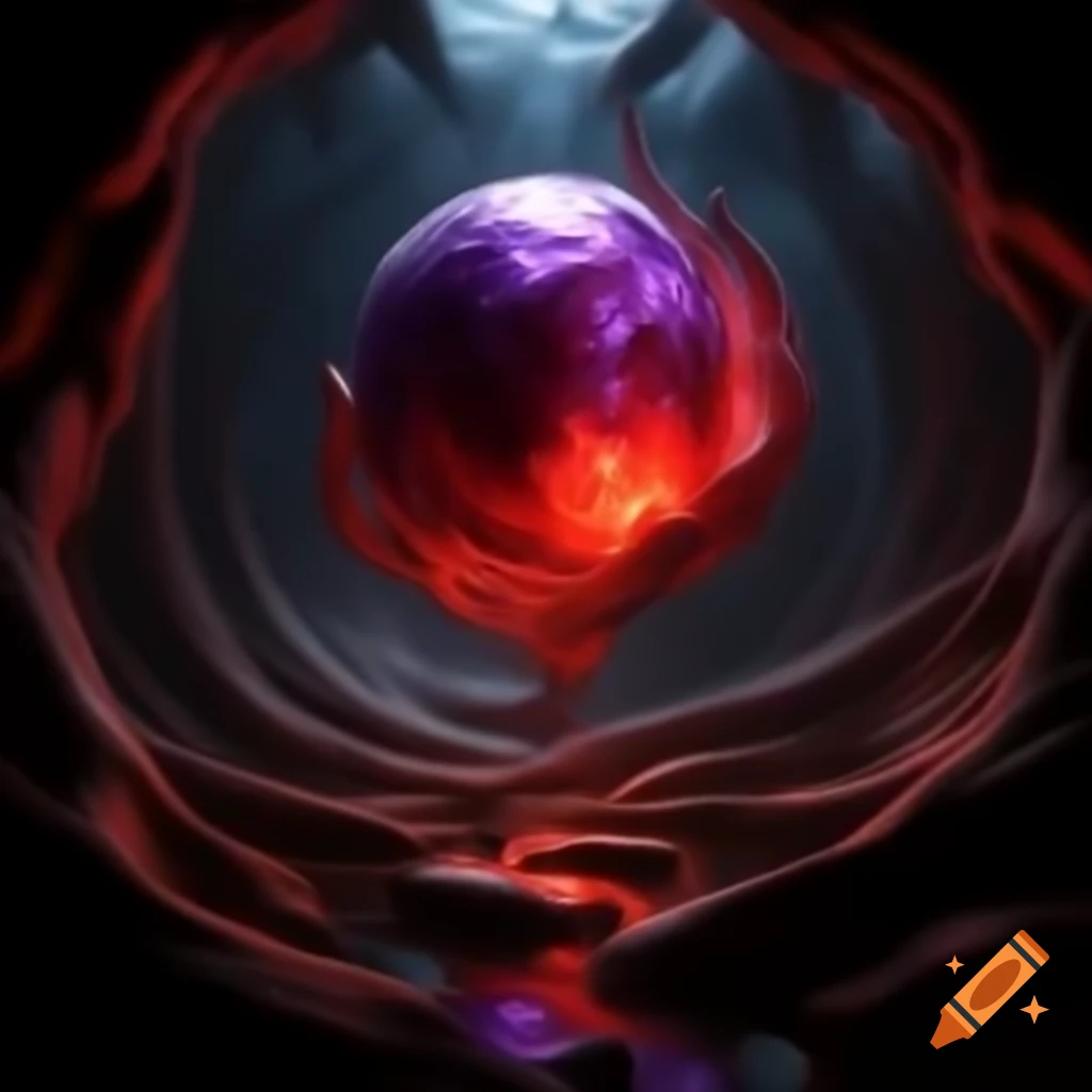 Crimson and violet orb in space with spectral hands reaching towards it ...