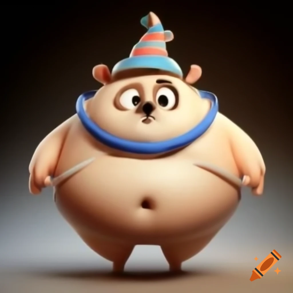 3D-rendered cartoon fat dog with mischievous grin and funny hat on Craiyon