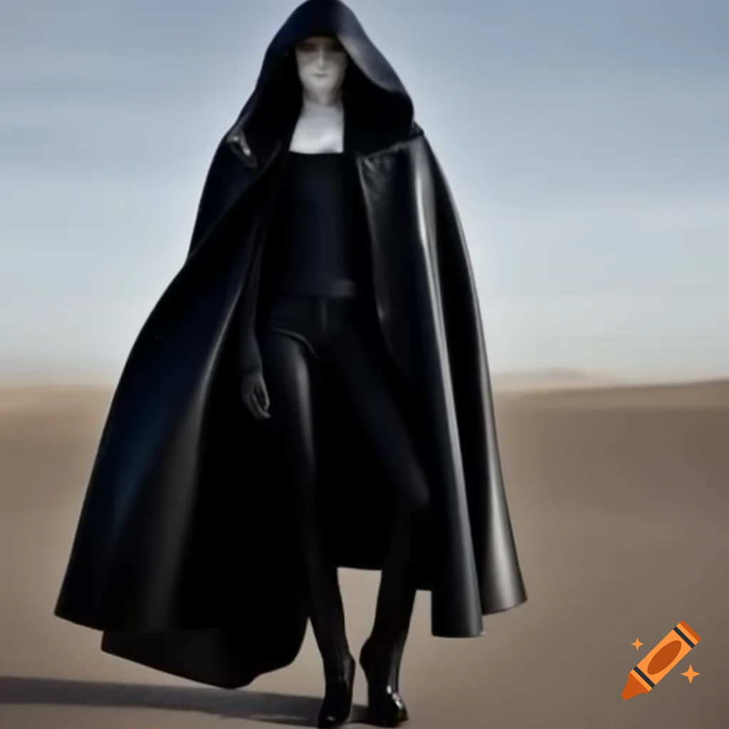 Solitary woman in black hooded leather cloak and military-style boots ...