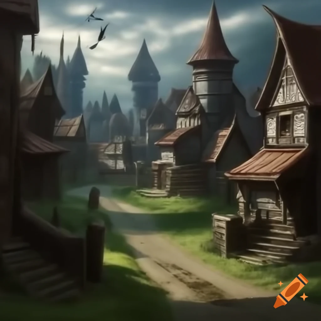 Hyper-realistic medieval village with stark grey sky on Craiyon