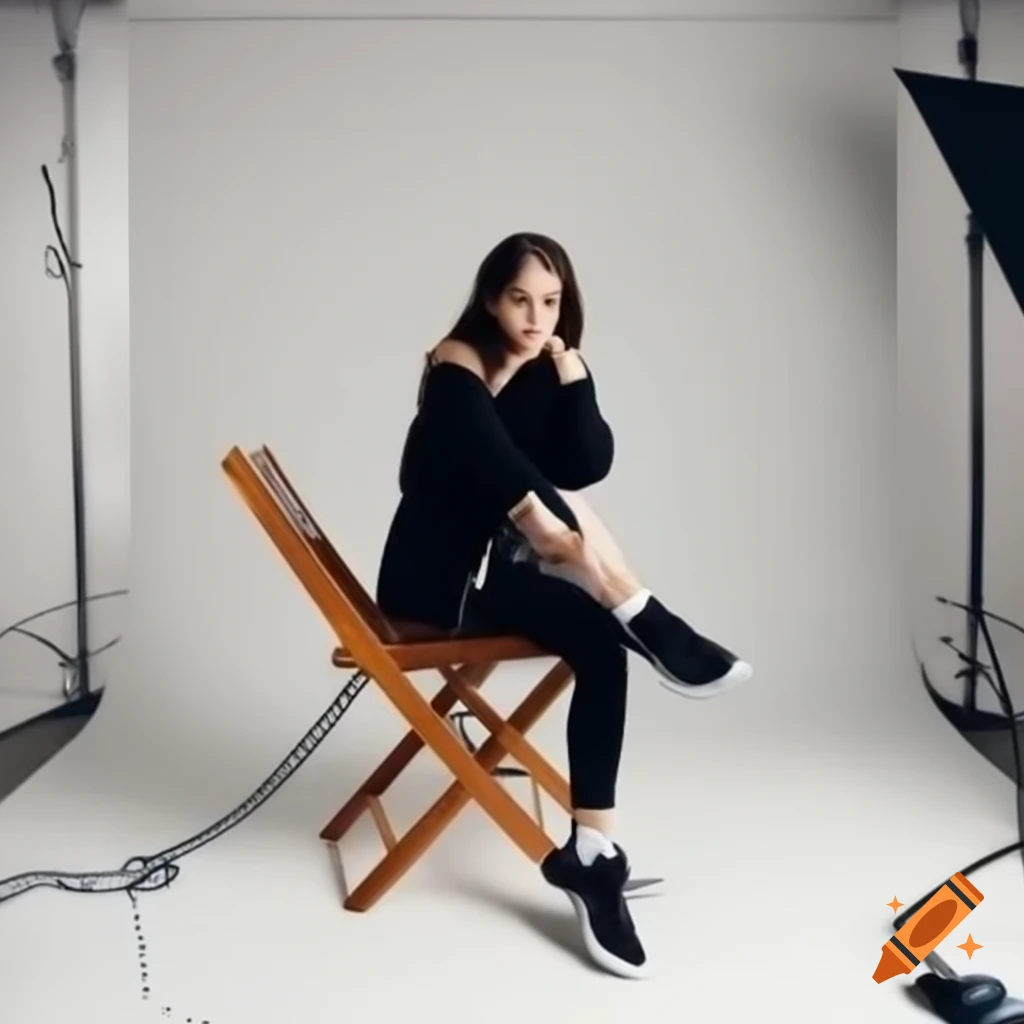 Young woman posing in relaxed posture on wooden X-shaped chair on Craiyon