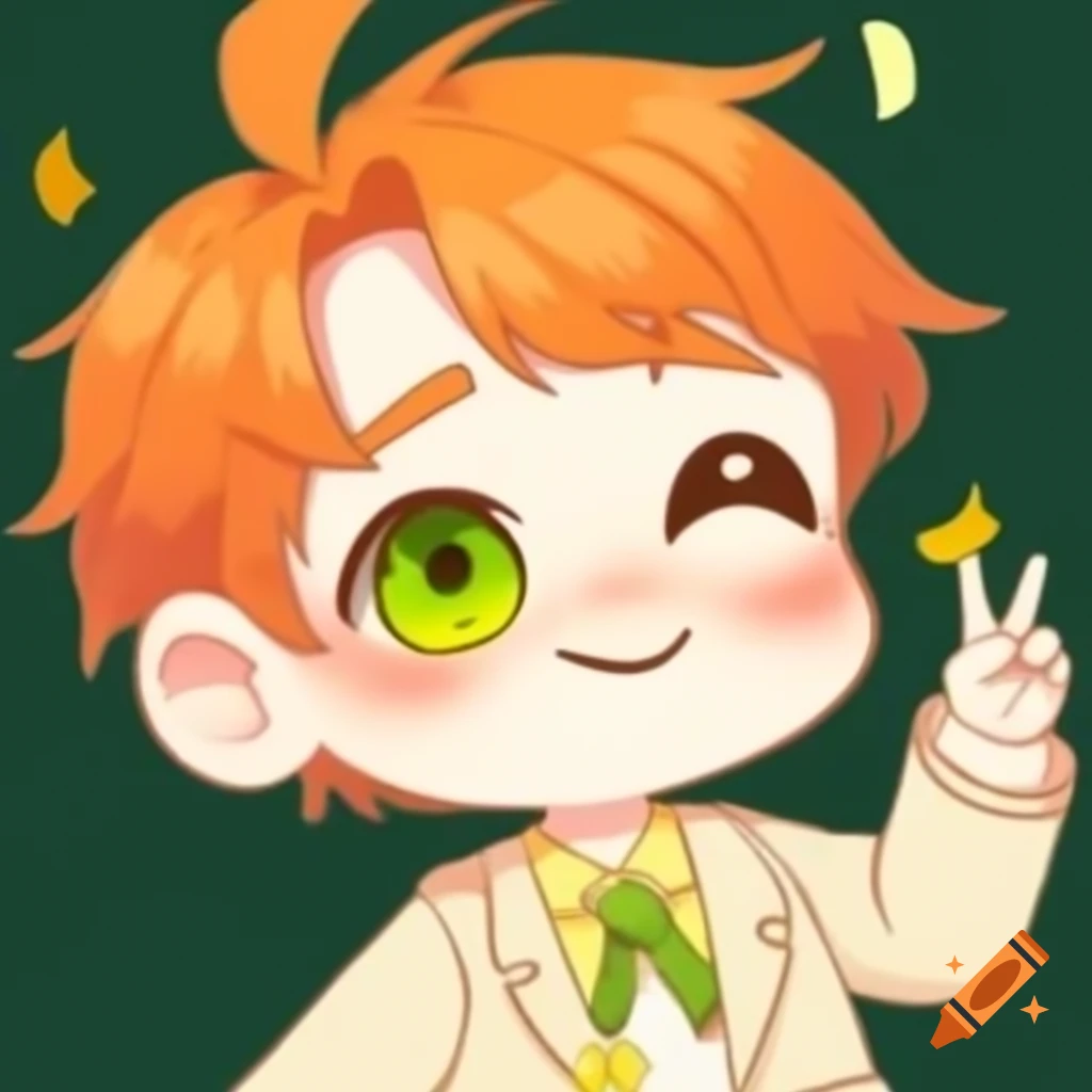 Chibi character with orange hair and green eyes in cream blazer ...