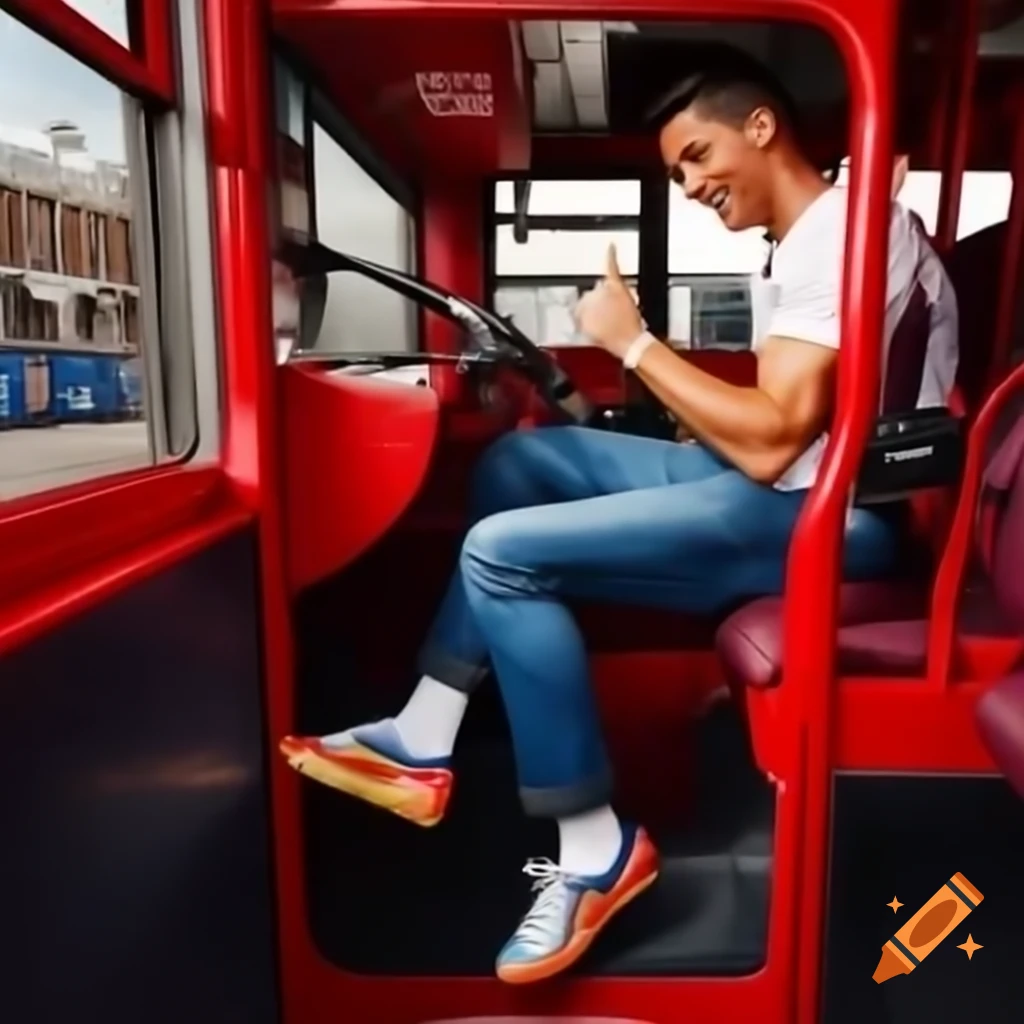 Cristiano Ronaldo driving a red London double-decker bus in a playful ...