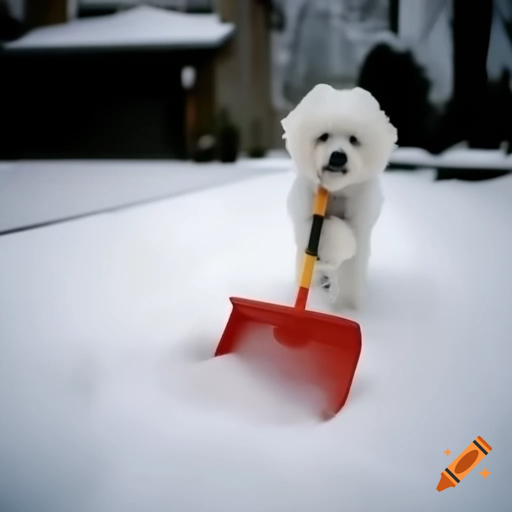 Bichon frise dog shoveling snow during snowstorm on driveway on Craiyon