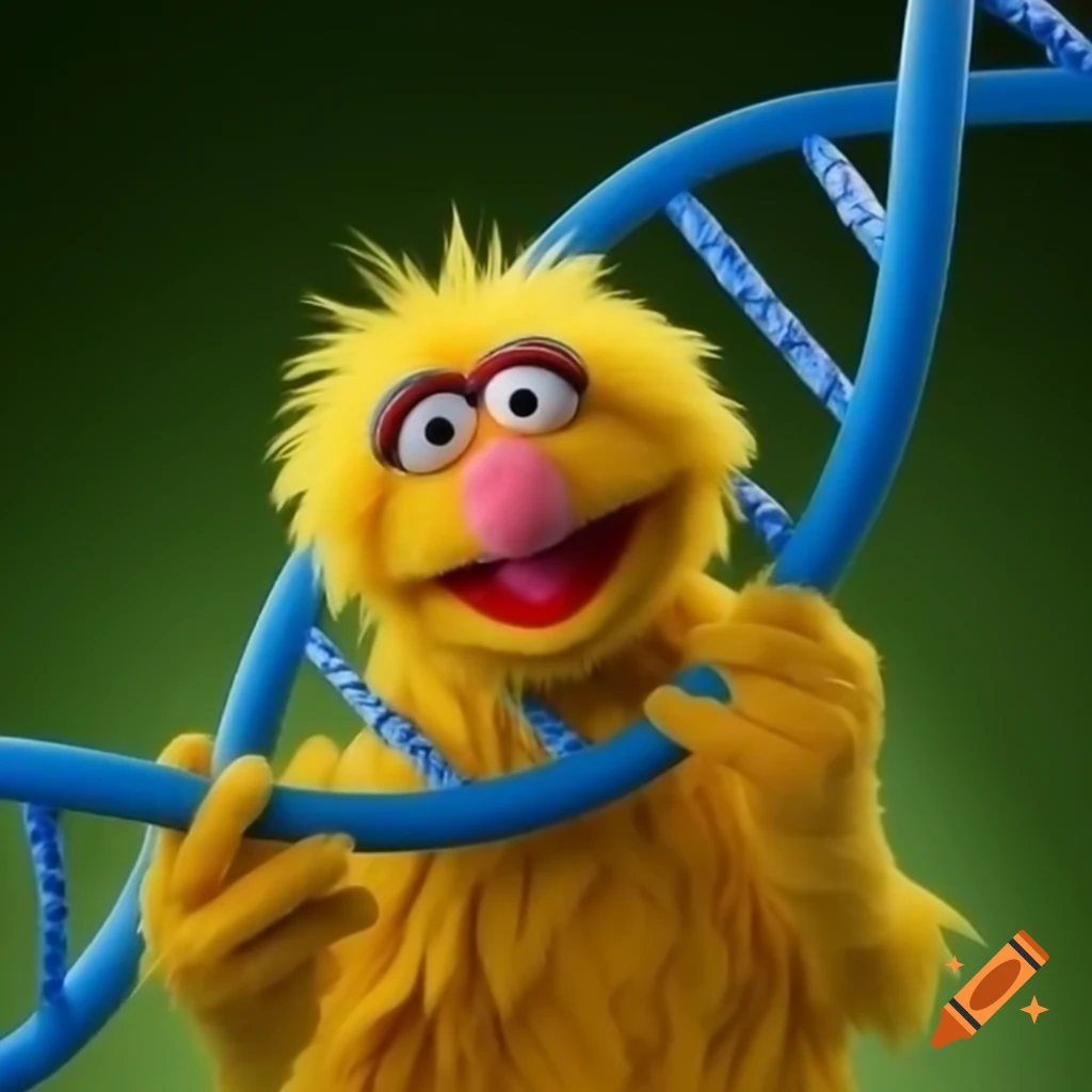 Yellow muppet-style bird holding blue dna double helix on Craiyon