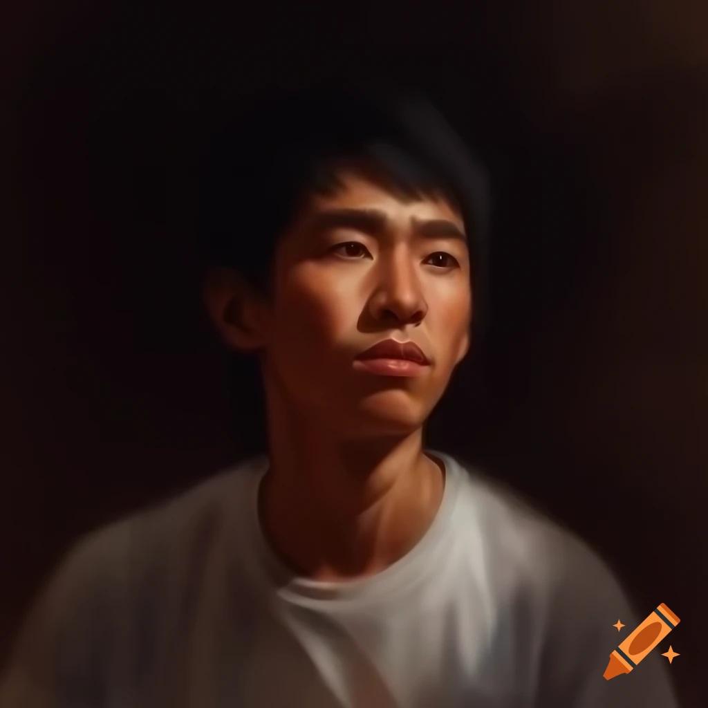 Brooding young Asian man in moody painting with 1880s western-style t ...