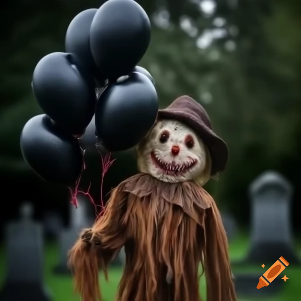 Scarecrow holding black balloons in an eerie cemetery setting on Craiyon
