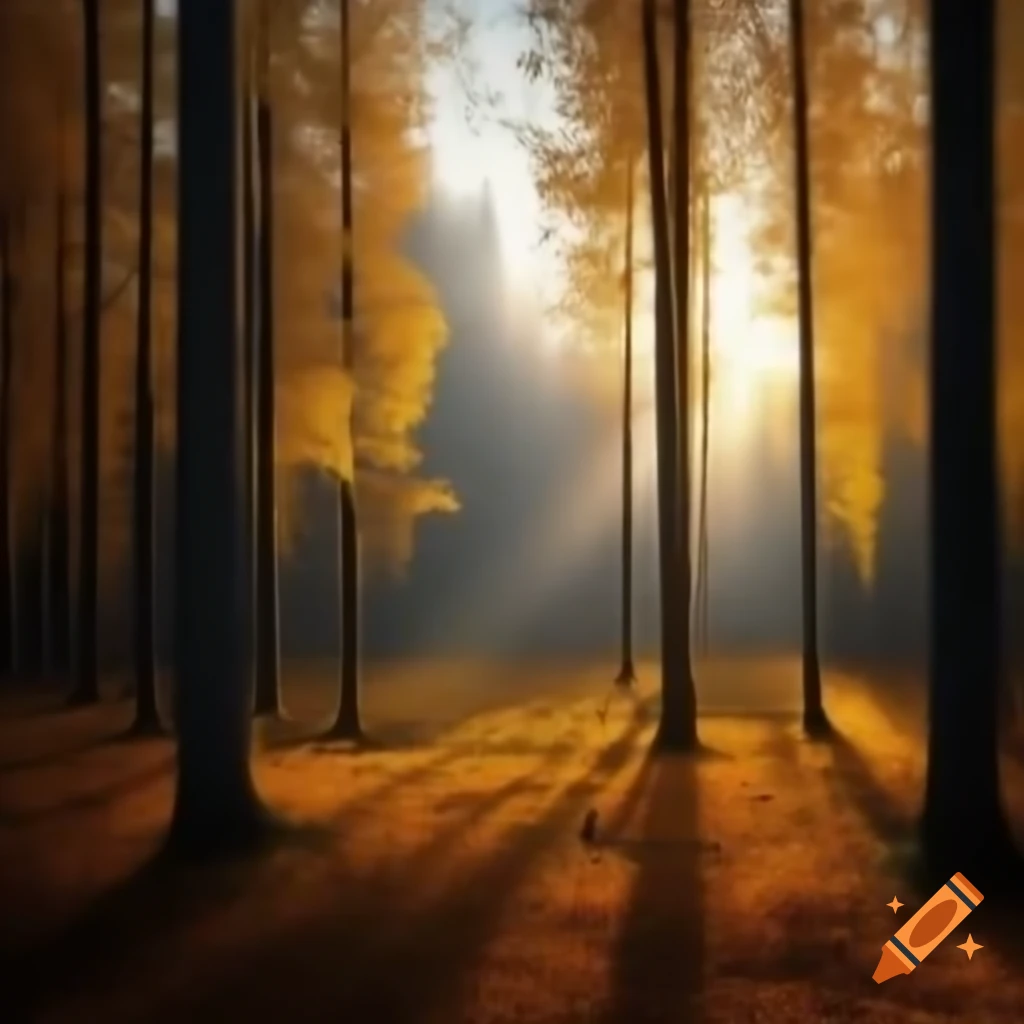 Serene fall forest landscape with golden leaves and sunlight filtering ...