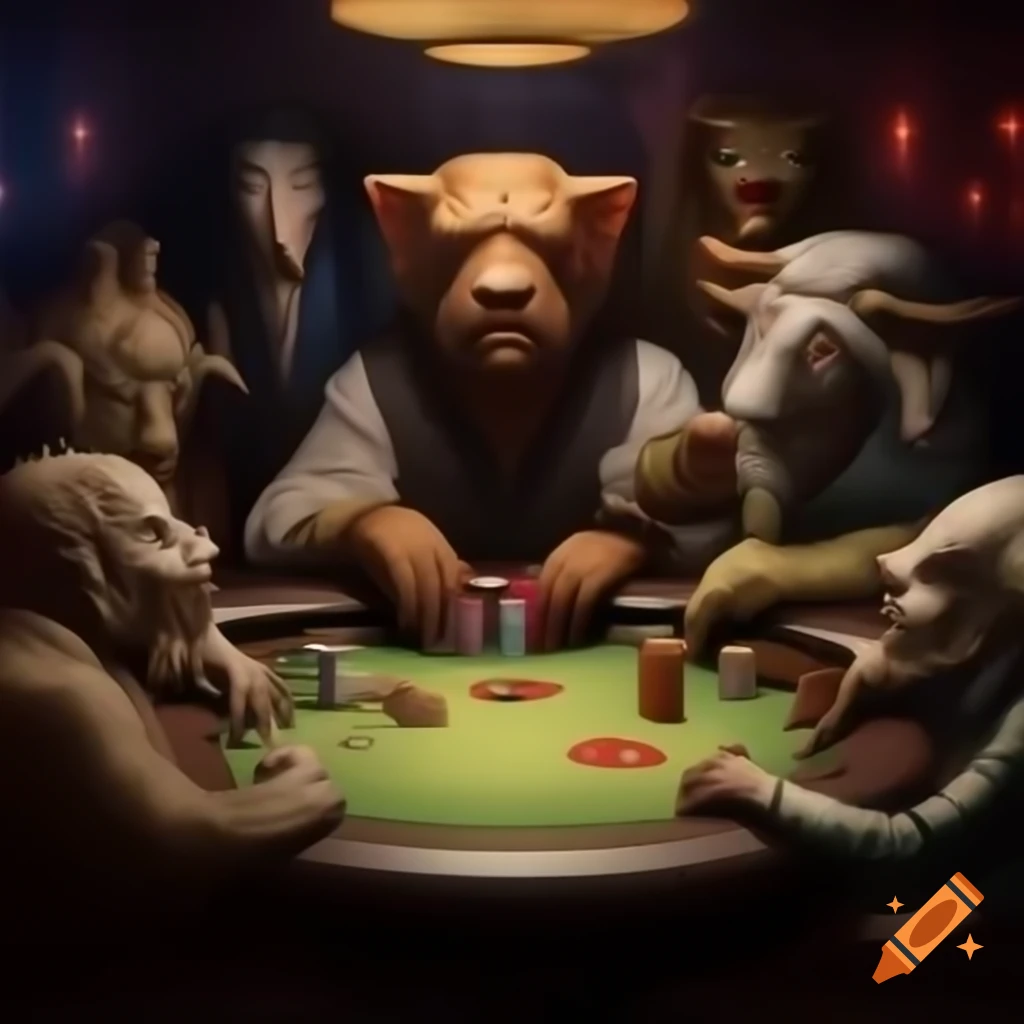Cinematic scene of mystical creatures and animals playing poker at ...