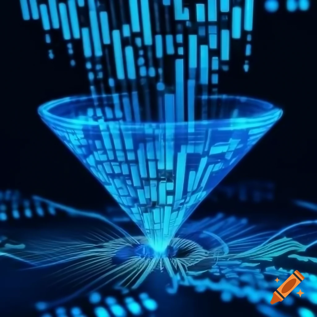 Abstract representation of computer data cascading into a funnel on Craiyon