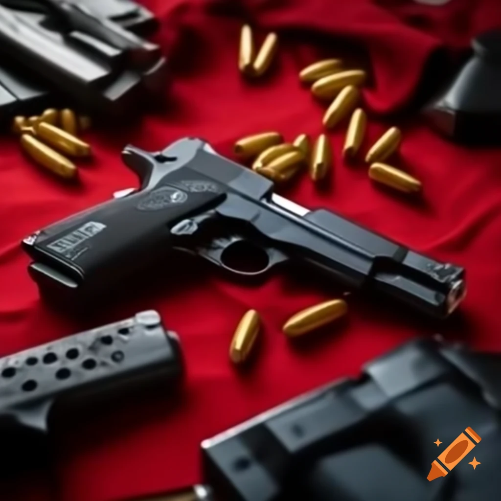 Pistol on red tablecloth with scattered bullets on Craiyon