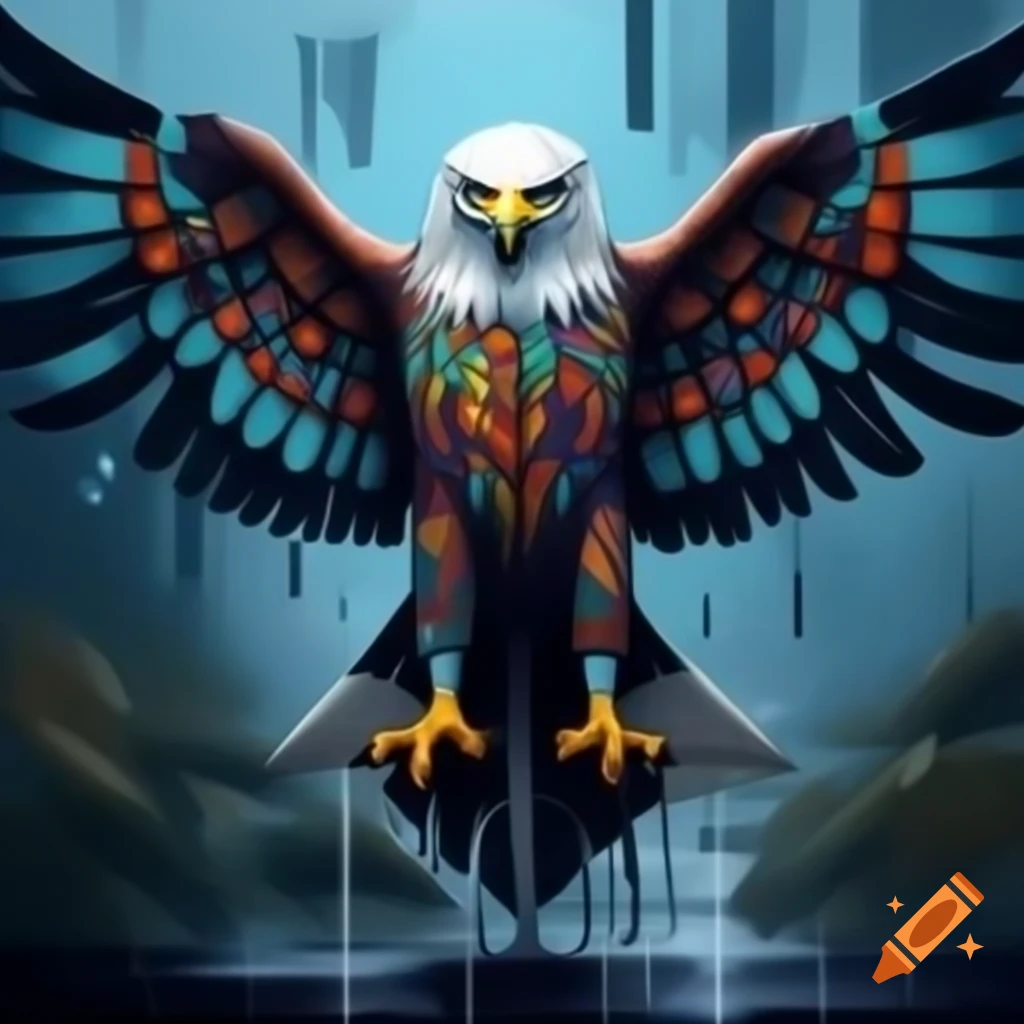 Psychedelic totem eagle in wet-in-wet watercolor style on Craiyon