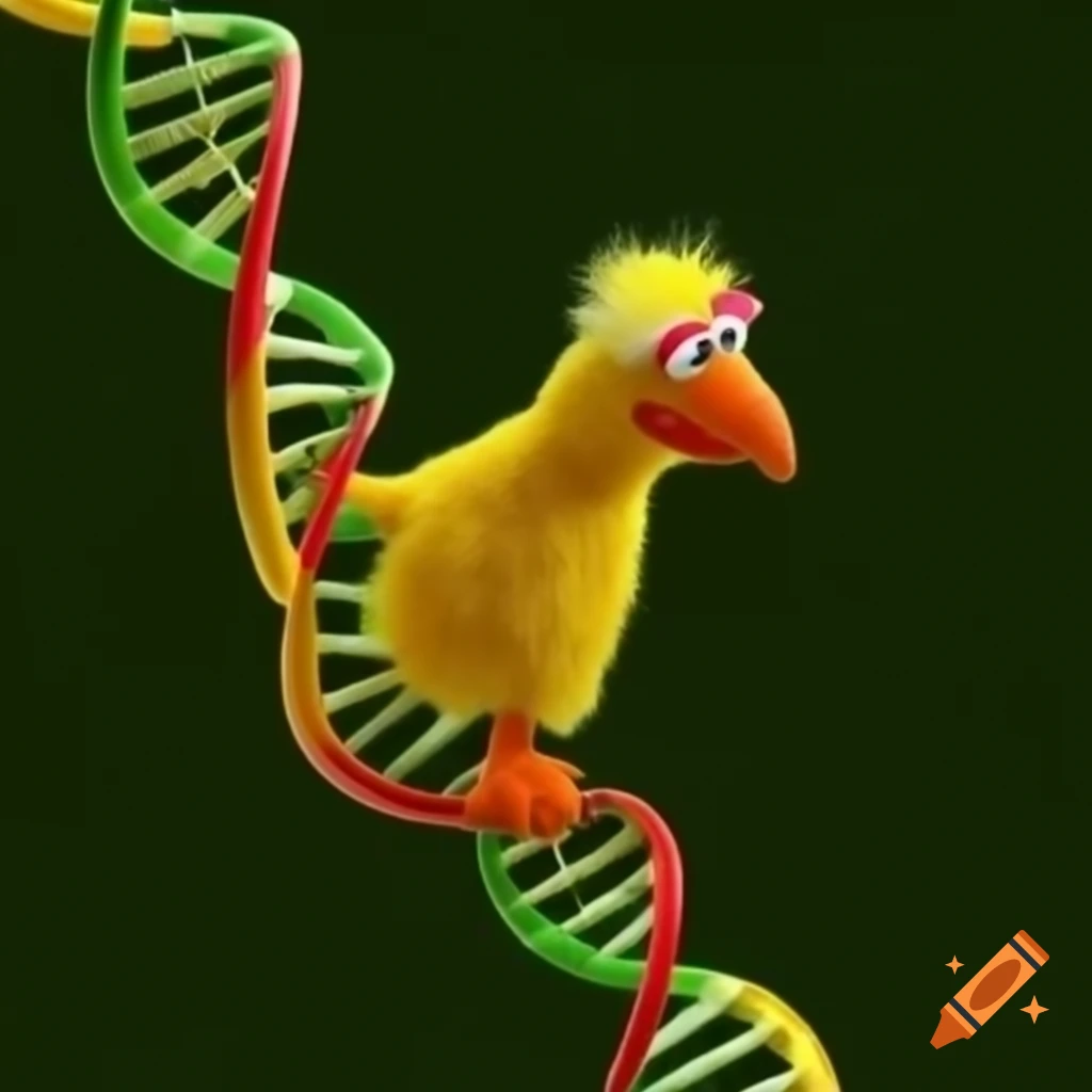 Yellow muppet bird alongside a dna double helix on Craiyon