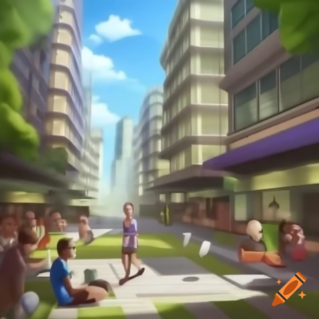 Vibrant urban environment showcasing daily life with busy street and ...