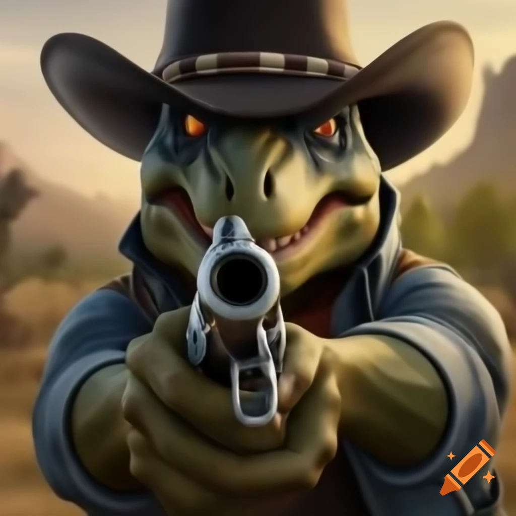 Tyrannosaurus rex wearing a cowboy hat and holding a revolver in Wild ...