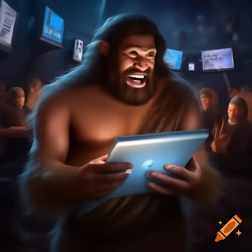 Caveman astonished by modern technology with laptops and smartphones on Craiyon
