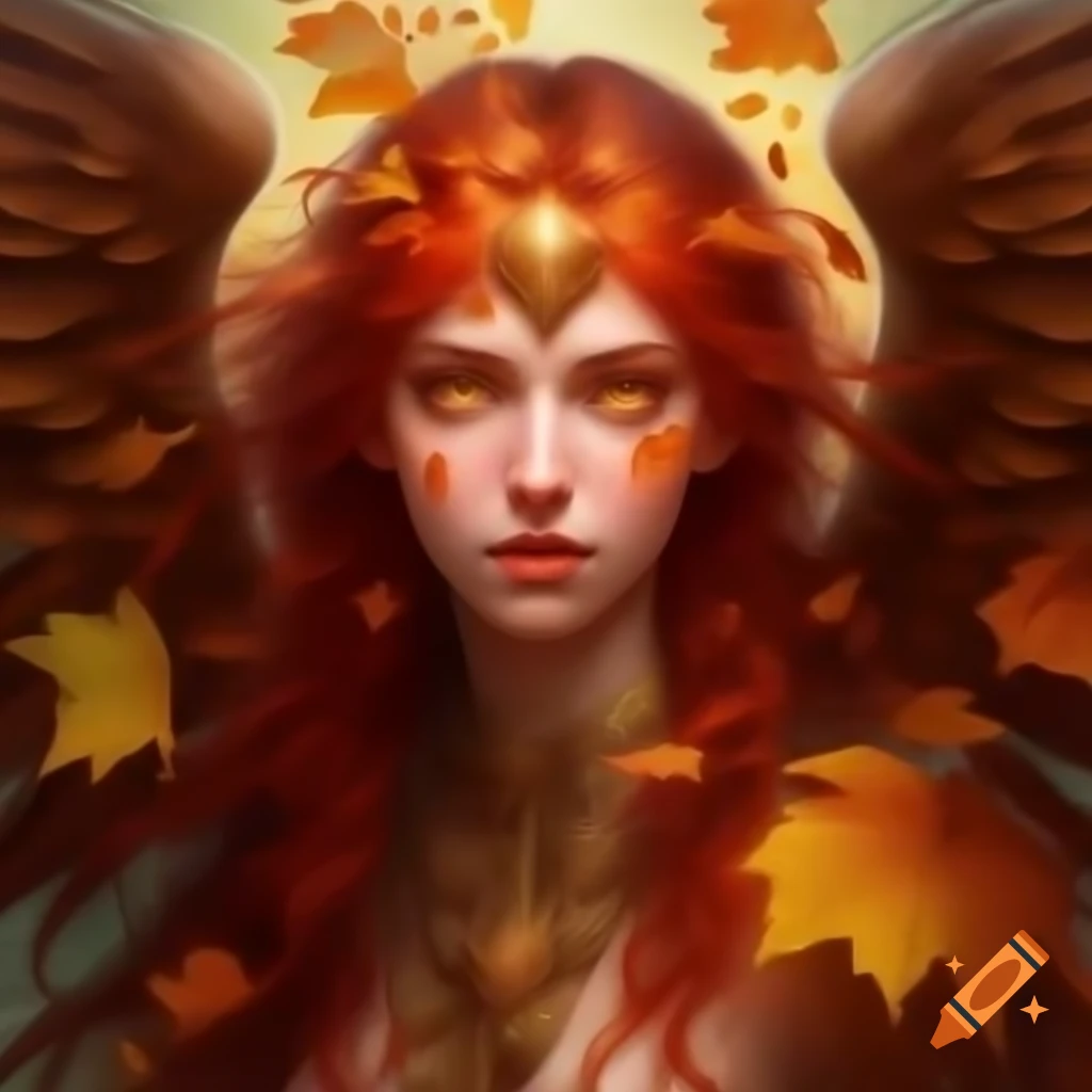 Autumn angel in battle with red hair, golden eyes, and leaf wings on ...