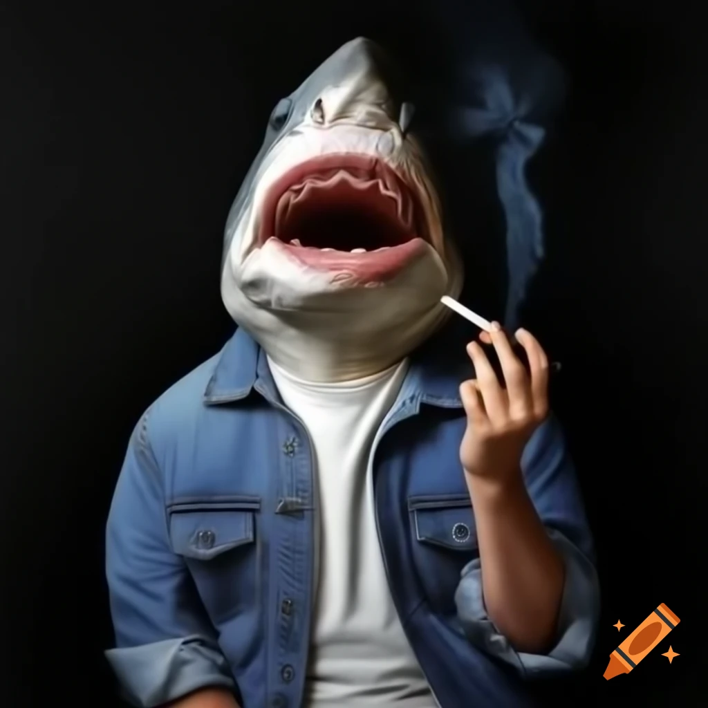 Surreal portrait of shark head on human body wearing denim jacket ...