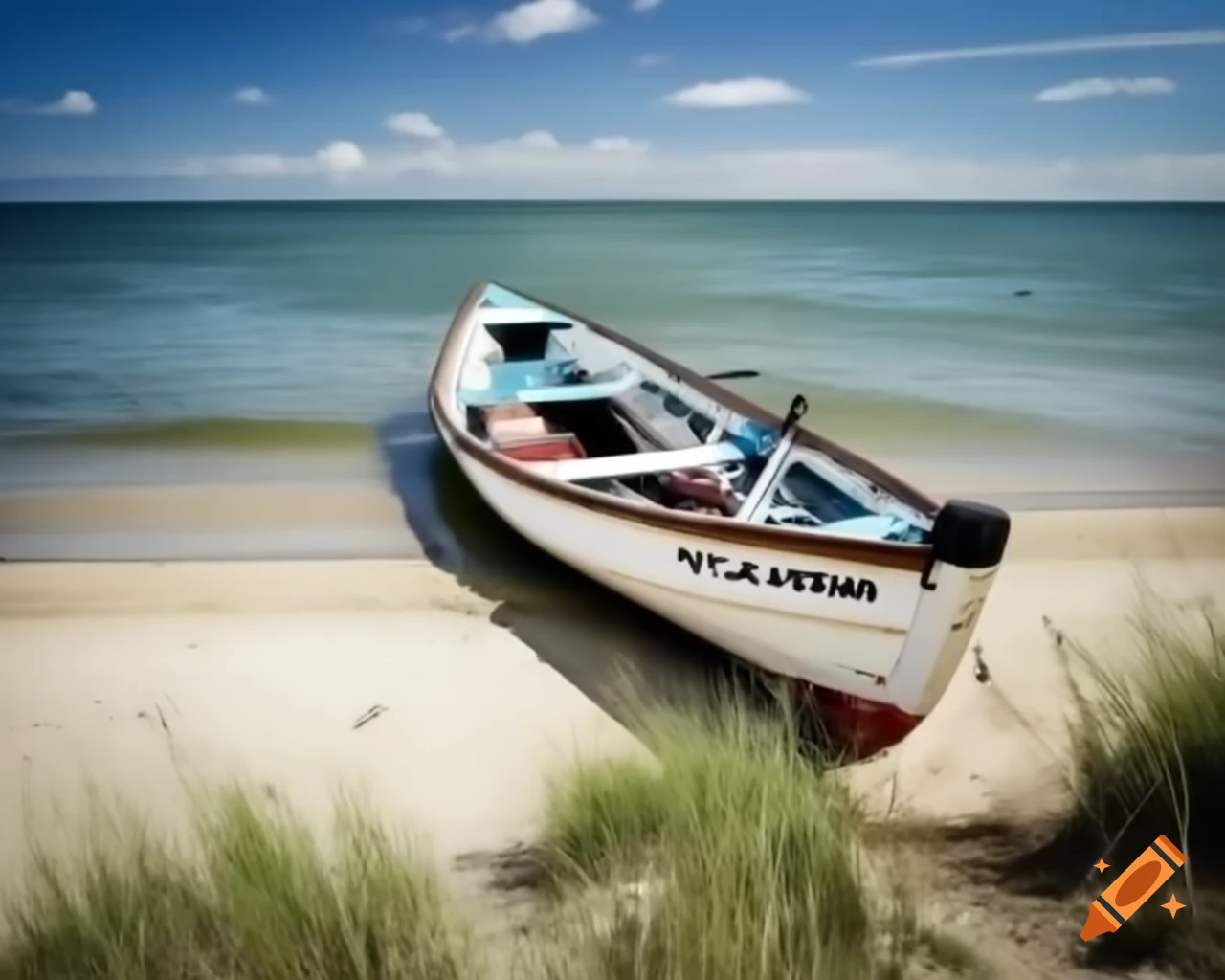 Rowing boat moored on sandy beach with vegetation, midday on Craiyon