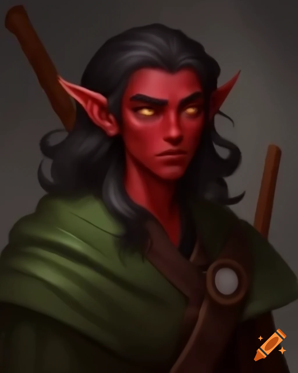 Full body portrait of young male tiefling with dark red skin and devil ...