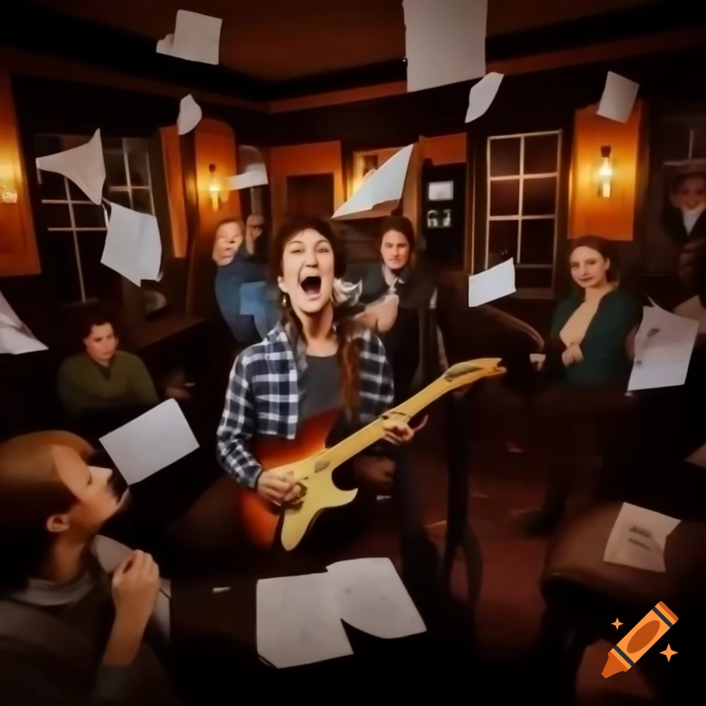 Musician singing and playing guitar in a lively pub with lyrics on ipad ...