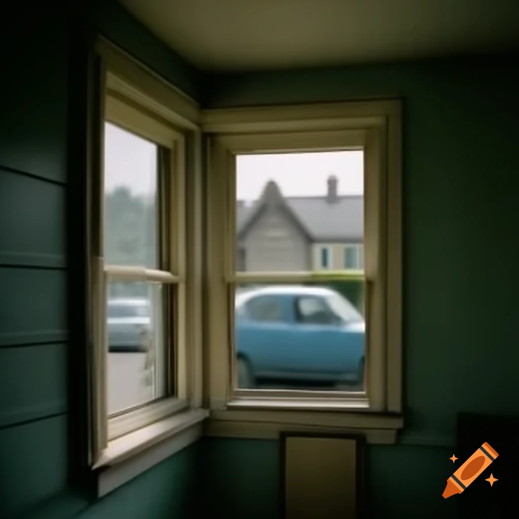 Curious window in old house overlooking a street with cars on Craiyon