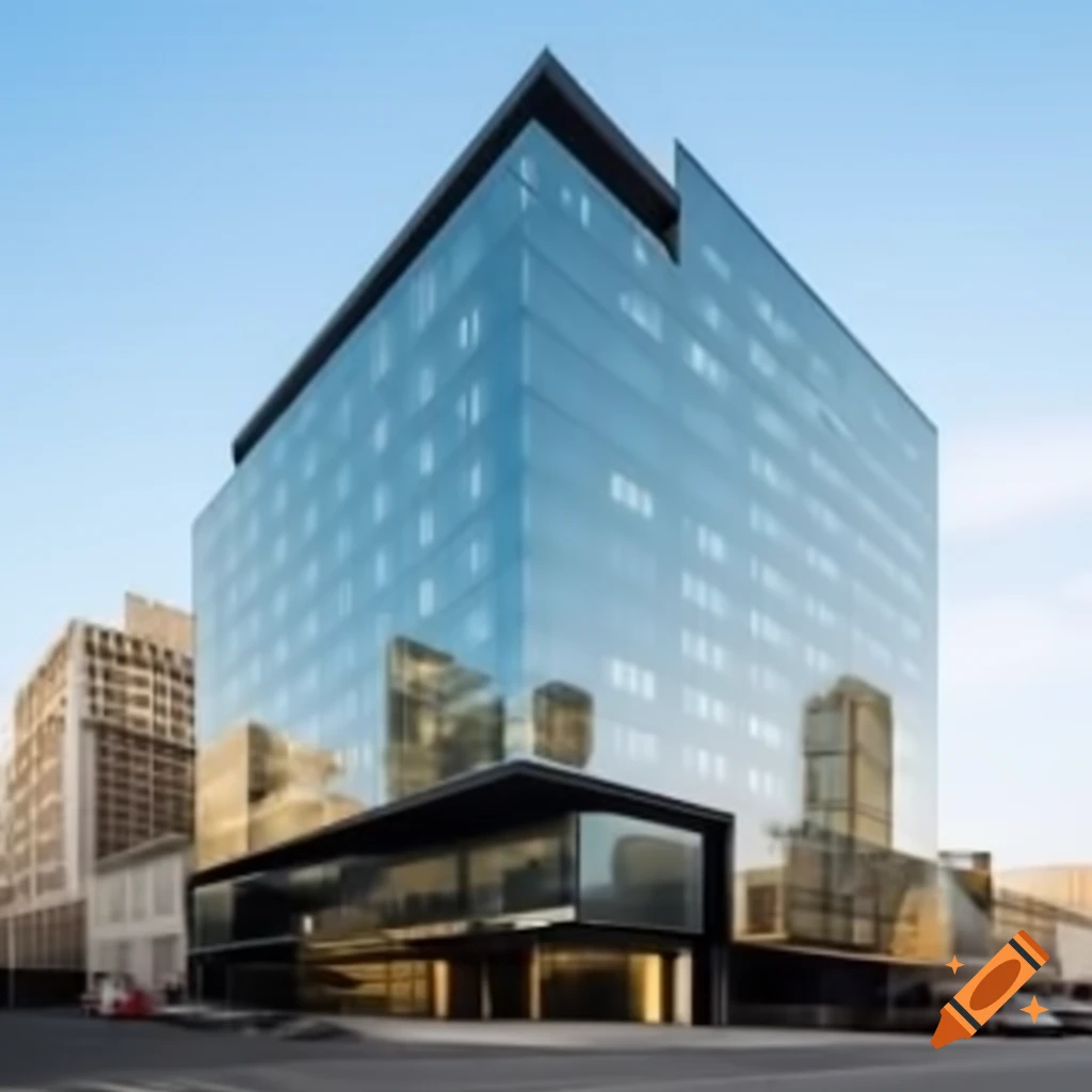 Modern luxury hotel with tinted glass showcasing adjacent rooms on Craiyon
