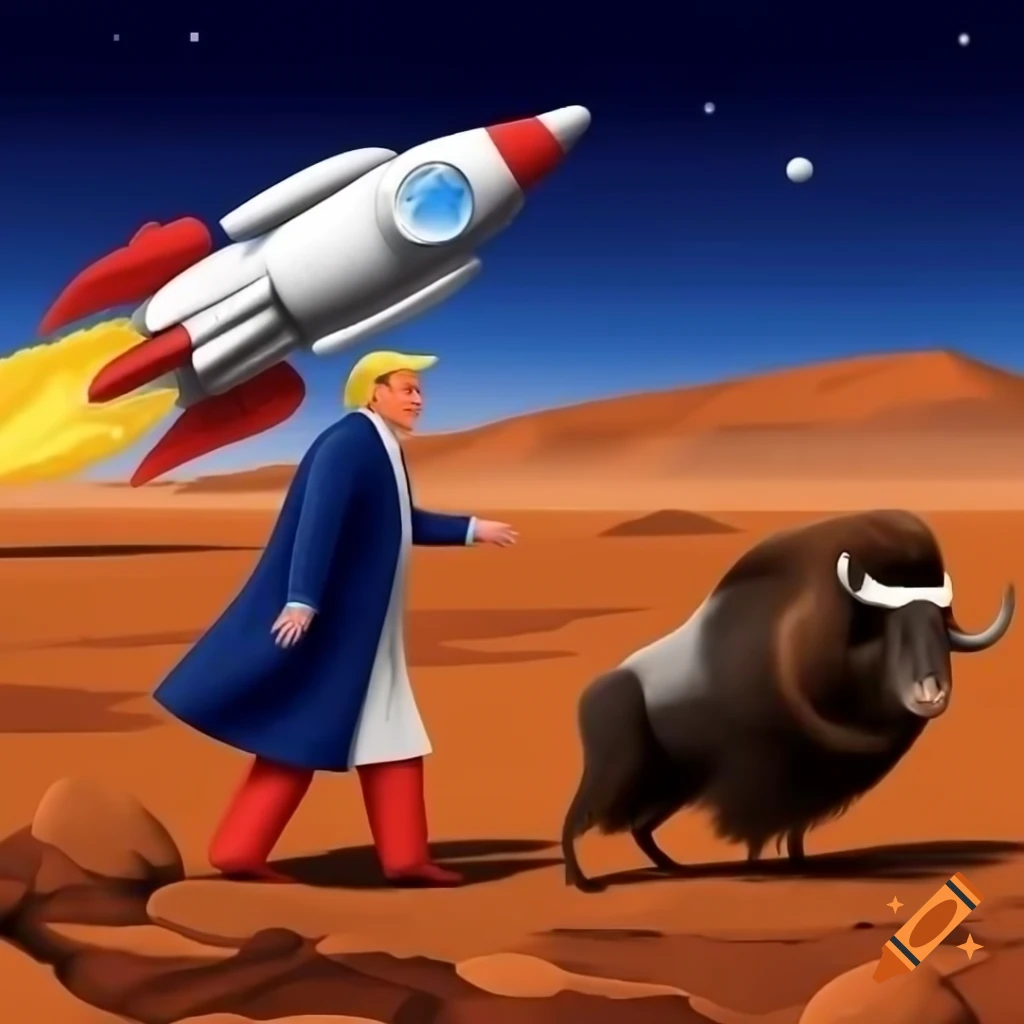Trump and Musk depicted on a rocket heading to Mars on Craiyon