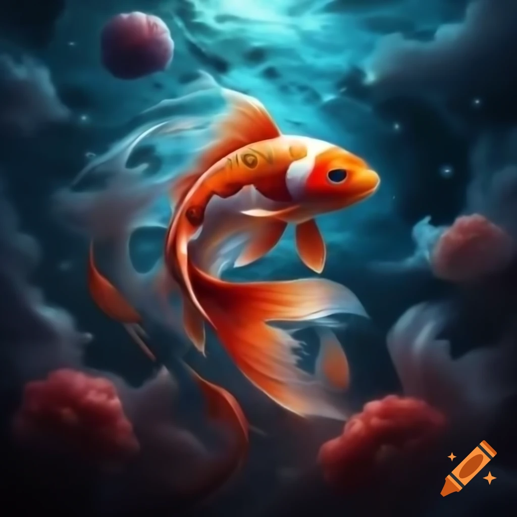 Vibrant koi fish swimming through cosmic ocean with stardust and ...
