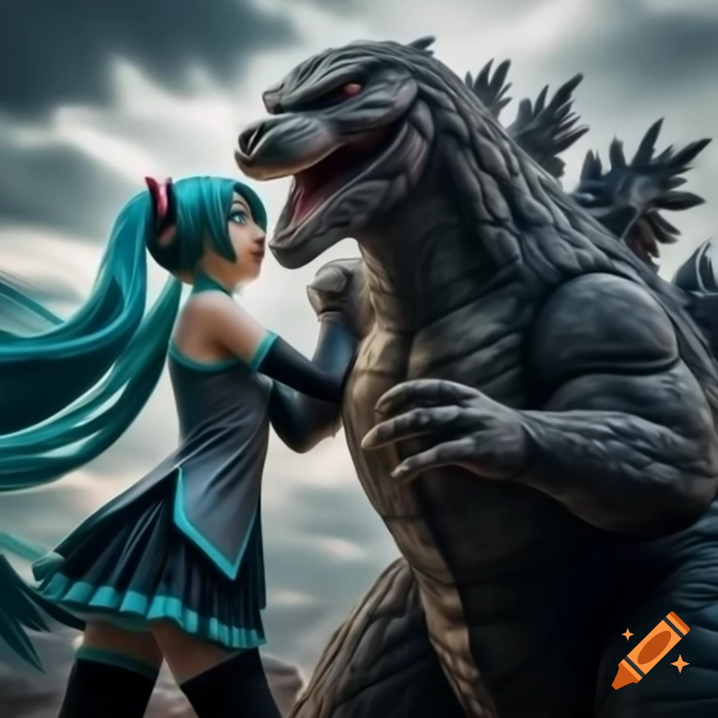 Detailed fight scene between Hatsune Miku and Godzilla in high-quality ...