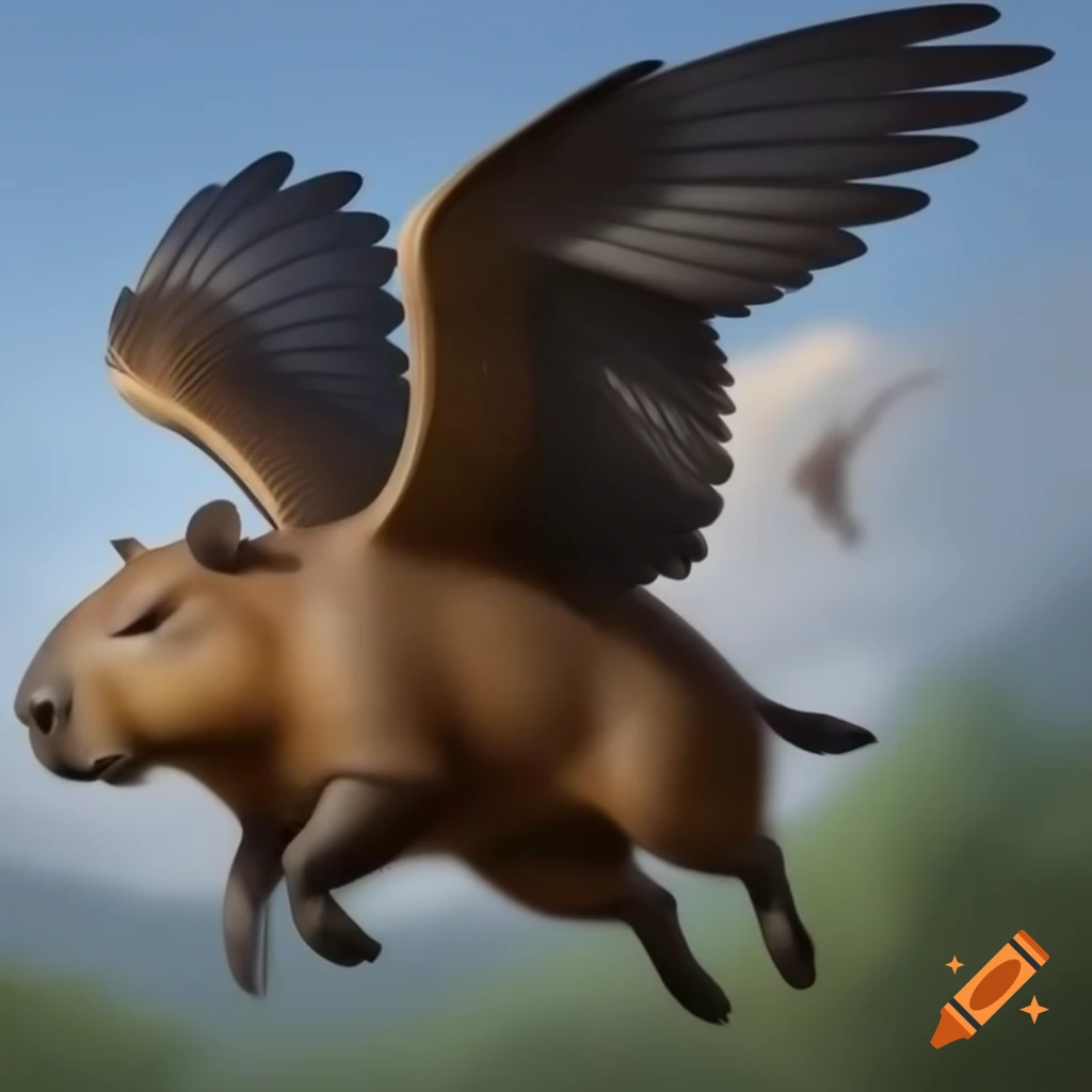 Flying capybara with large feathered wings in a fantasy setting on Craiyon