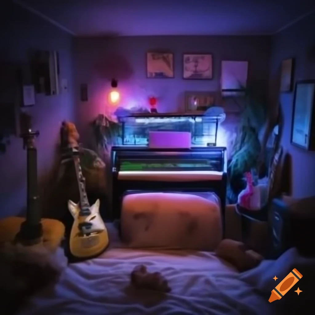 Colorful decorated room with guinea pig cage, piano, guitars, plushies ...