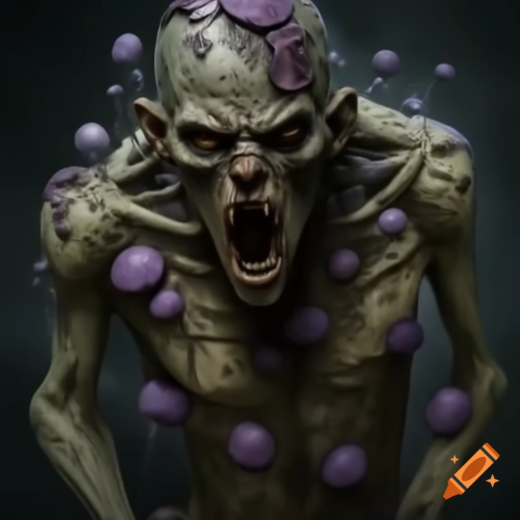 Angry zombie with violet fungus patches on chest and open mouth on Craiyon