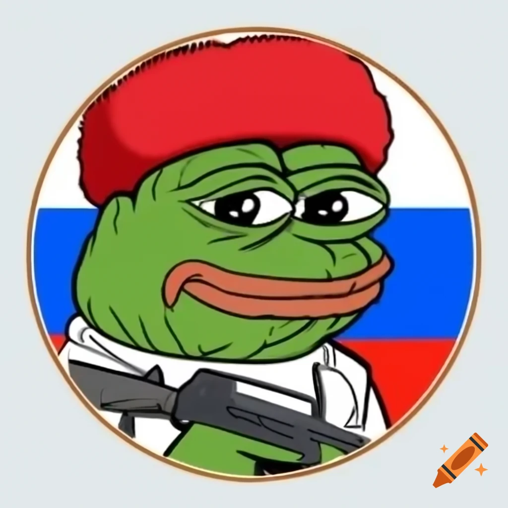 Bold cartoon-style logo of Pepe the Frog with a military hat and AK-47 ...