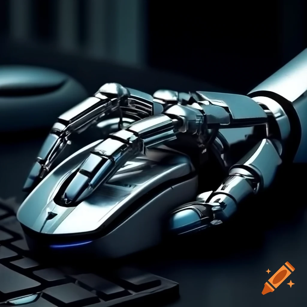 Photorealistic chrome robot hand controlling computer mouse with ...