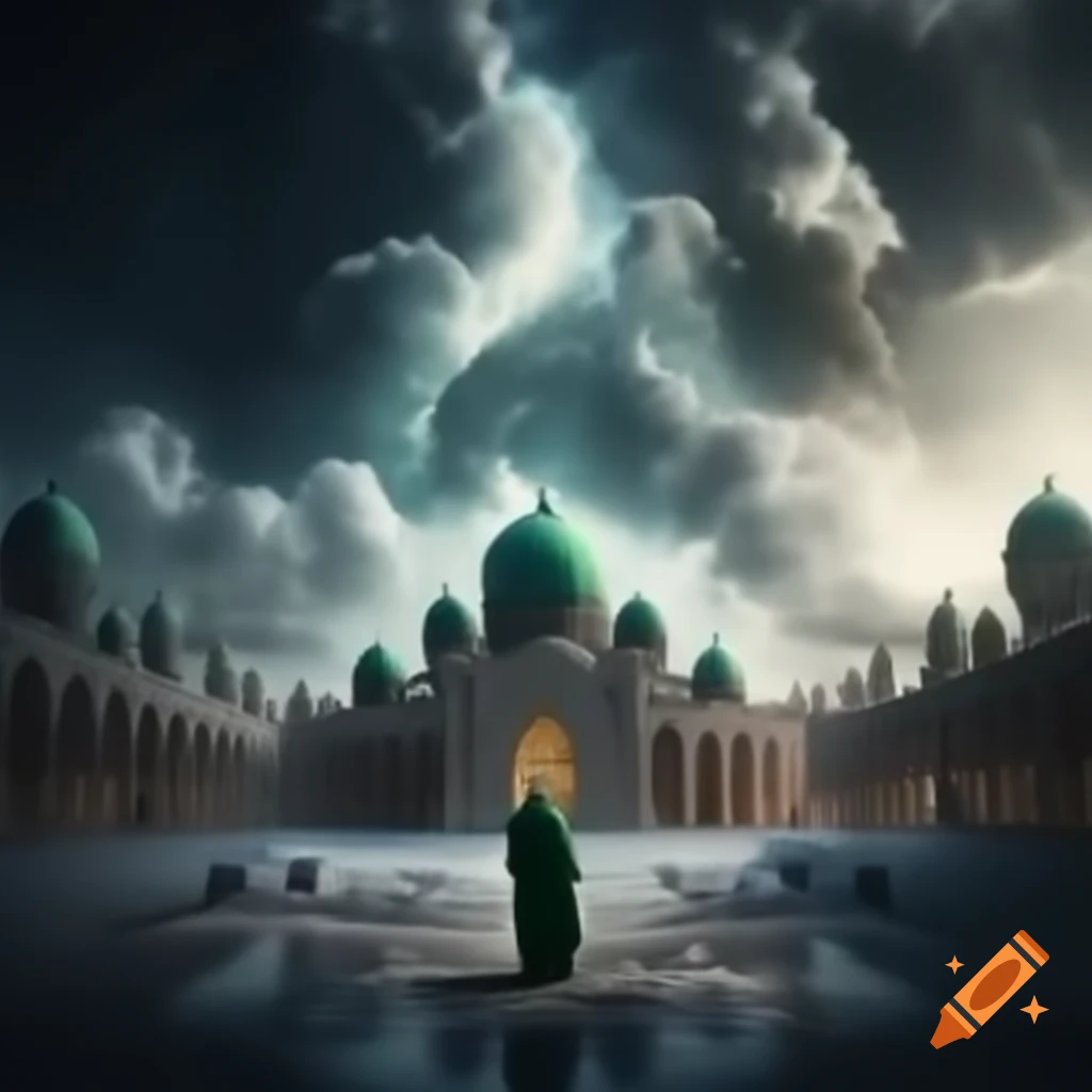 A mosque in paradise with clouds, man in green Islamic clothing, and ...