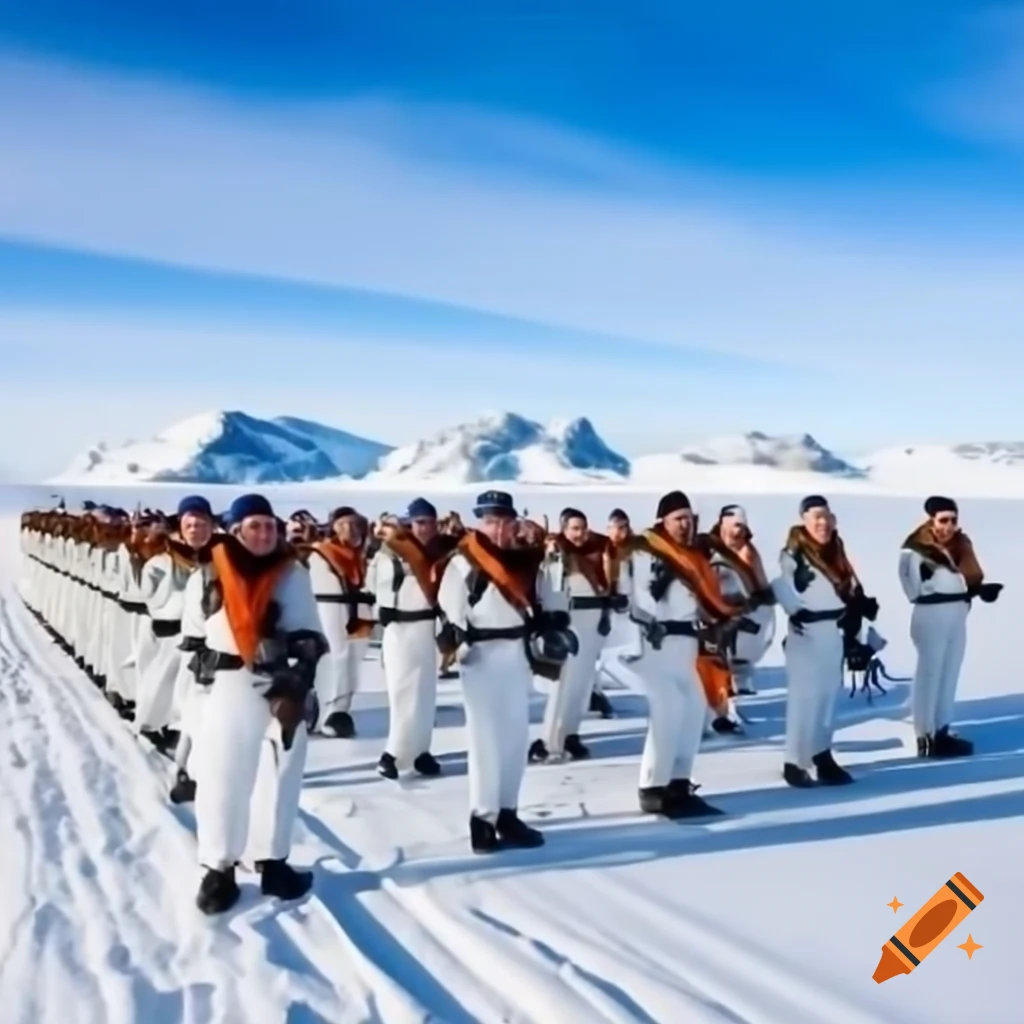 Army of snowmen dressed as soldiers marching in snowy greenland on Craiyon